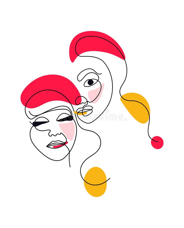 Set Of Abstract Two Women Face One Line Drawing Portrait Minimalistic