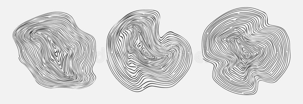 Set of Abstract Wavy Wood Circle. Hand Drawn Tree Ring Pattern ...