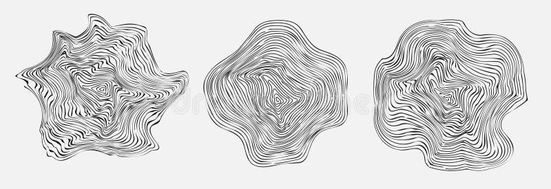 Set of Abstract Wavy Wood Circle. Hand Drawn Tree Ring Pattern ...