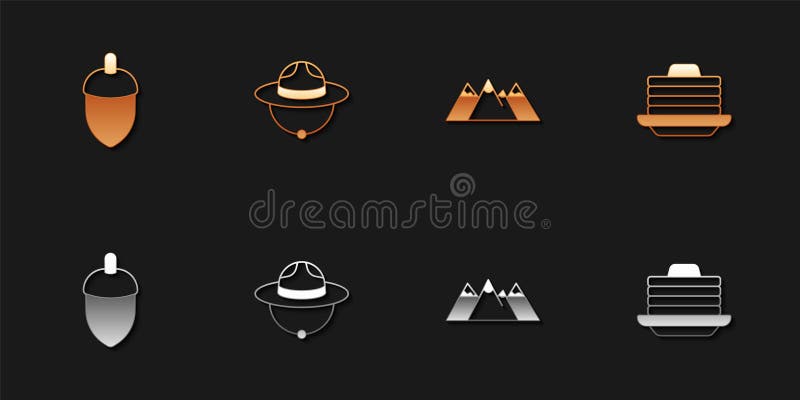 Set Acorn, Canadian Ranger Hat, Mountains and Stack of Pancakes Icon ...