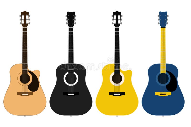 A Set of Acoustic Classic Guitars of Different Colors on White ...