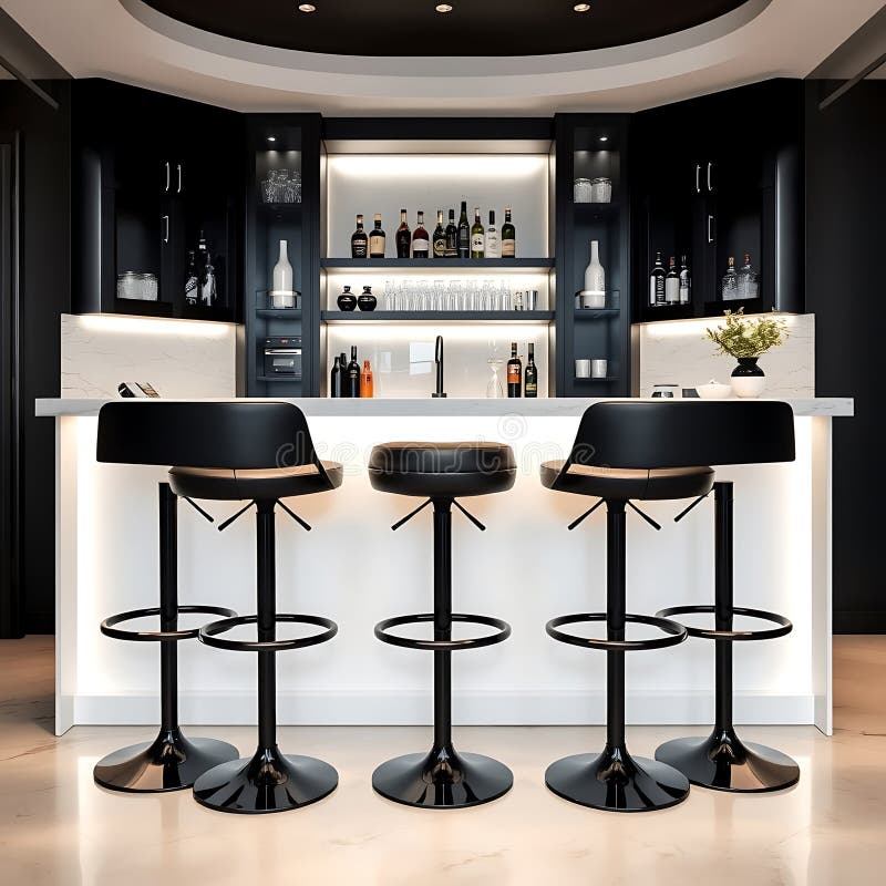 A Set of Adjustable Bar Stools in a Contemporary Home Bar with a Black ...