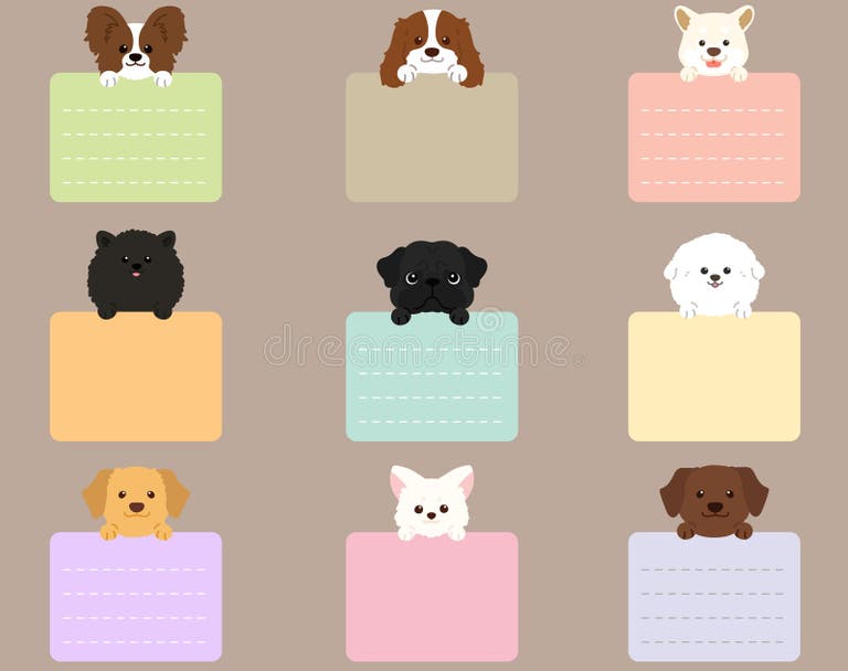 Set of Adorable Dogs Faces Flat Colored with Front Paws Holding a Note ...