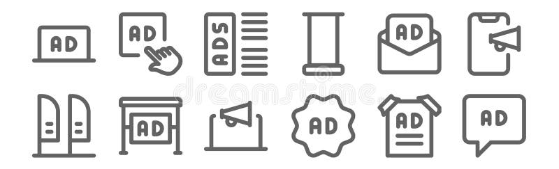 Set of 12 Advertising Icons. Outline Thin Line Icons Such As Ads, Ads ...