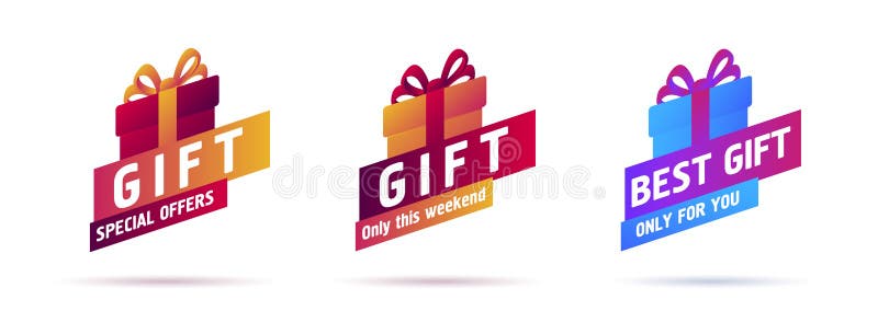 Set of Advertising Labels, Design Element with Gift Box and Promo Text ...