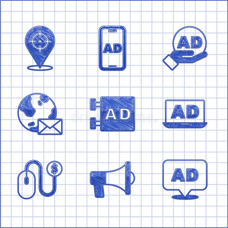 Set Advertising, Megaphone, Earth Globe with Mail, and Target Icon ... Set Advertising, Megaphone, Earth Globe with Mail, and Target Icon ...