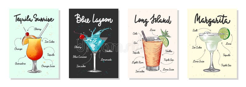 Set Of 4 Advertising Recipe Lists With Alcoholic Drinks Cocktails And