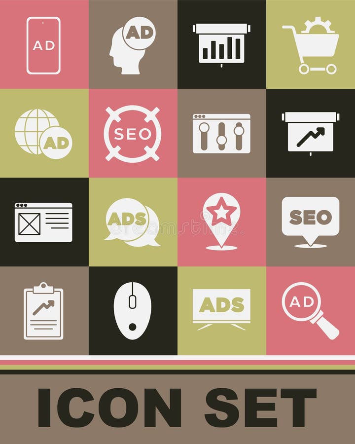 Set Advertising, SEO Optimization, Board with Graph Chart, and Browser ... Set Advertising, SEO Optimization, Board with Graph Chart, and Browser ...