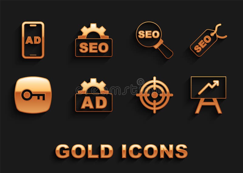 Set Advertising, SEO Optimization, Board with Graph Chart, Target, Key, and Icon. Vector Stock ...