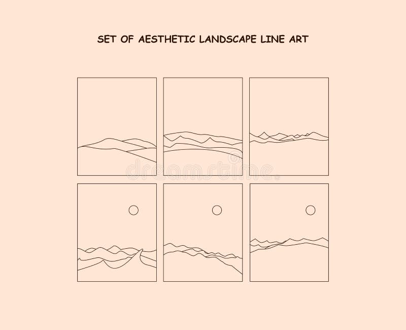 Set of Aesthetic Landscape Line Art Stock Vector - Illustration of ...