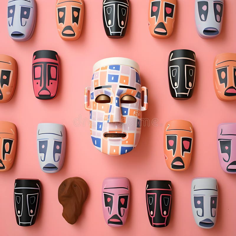 Set of African Masks on a Pink Background. 3d Illustration Stock Vector ...