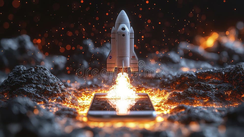 Model Rocket Taking Off Amidst Lava Landscape Stock Illustration ...