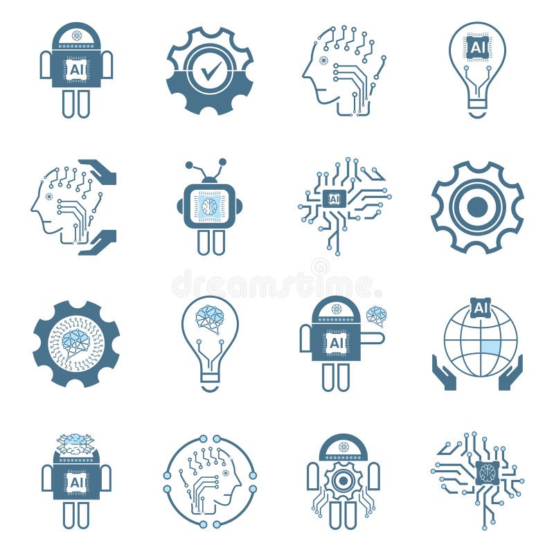Set of 16 AI Icons, Symbols. Groups of Artificial Intelligence Line ...