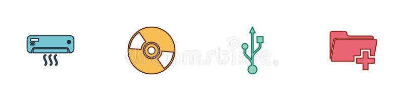 Set Air Conditioner, CD or DVD Disk, USB and Add New Folder Icon ...