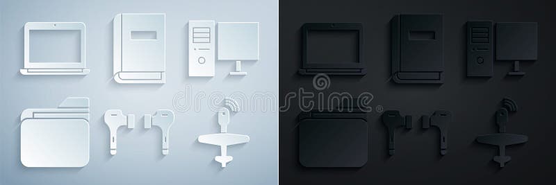Set Air Headphones, Computer Monitor, Document Folder, UAV Drone, User ... Set Air Headphones, Computer Monitor, Document Folder, UAV Drone, User ...