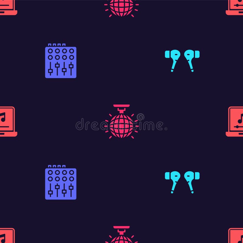 Set Air Headphones, Sound Mixer Controller, Disco Ball and Laptop with ...