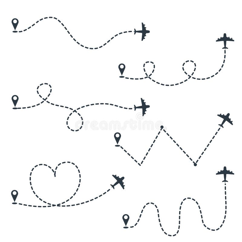 Airplane Route Set Dashed Line Trace And Plane Routes Isolated On