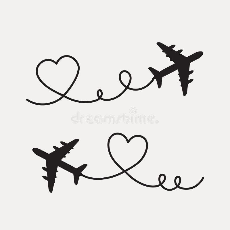 Set Airplane Line Path, Airplane Heart Icon Vector Illustration Stock ...