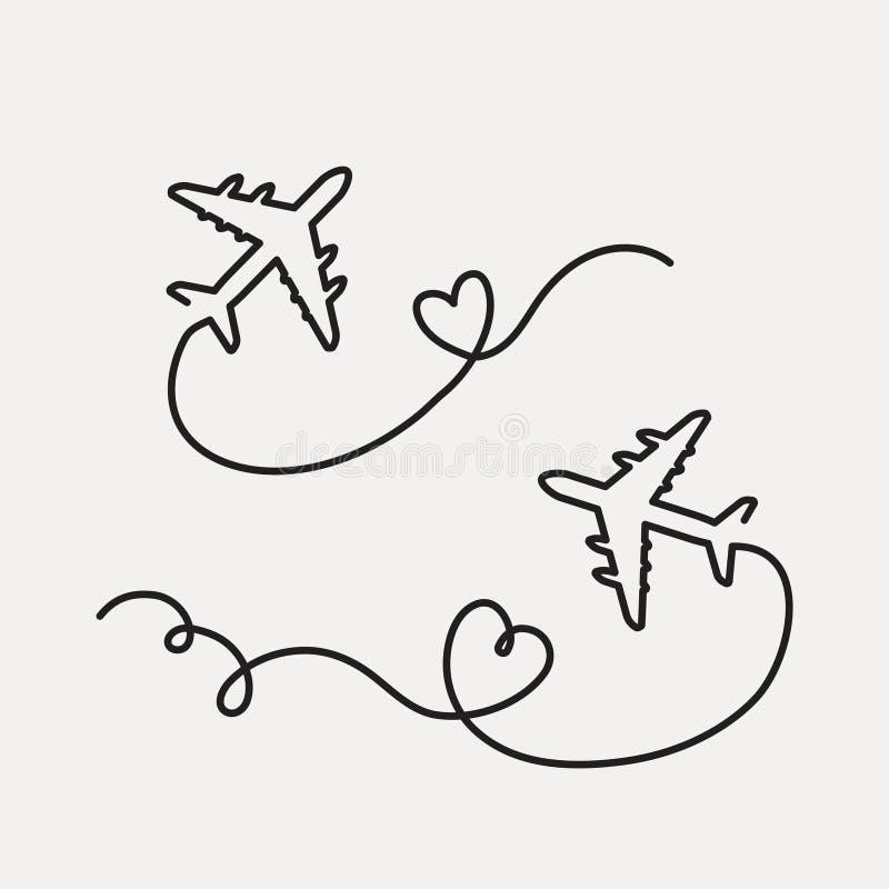 Set Airplane Line Path, Airplane Heart Outline Icon, Vector ...