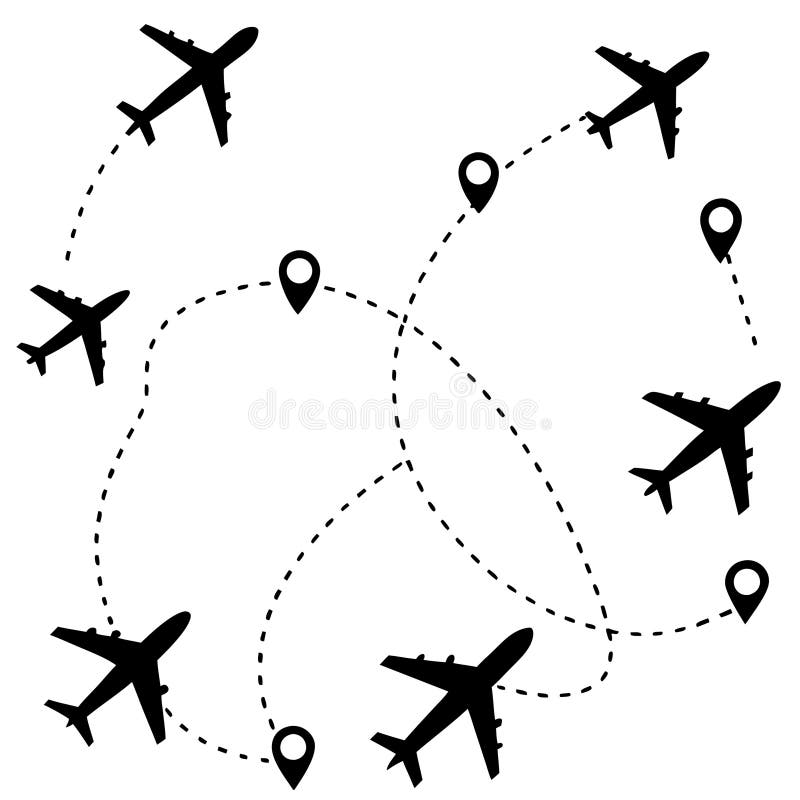 Set of Airplane Route Dashed Line Traces with Location Pins on White ...