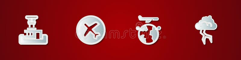 Set Airport Control Tower, Plane, Globe with Flying Plane and Storm ...