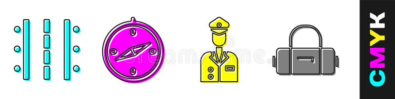 Set Airport Runway, Compass, Pilot and Suitcase Icon. Vector Stock ...