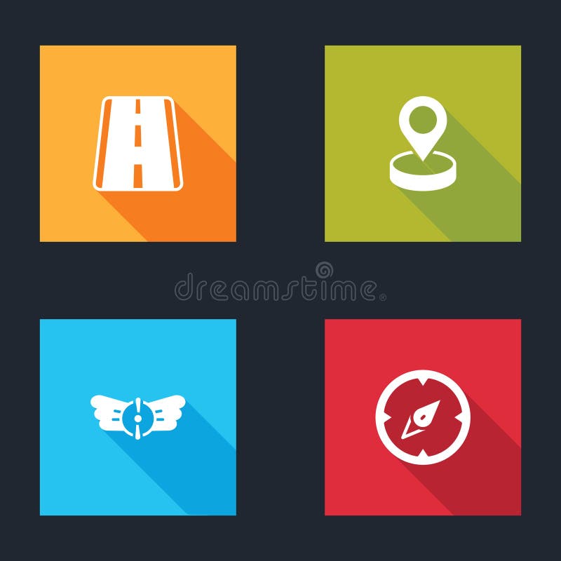 Set Airport Runway, Location, Aviation Emblem and Compass Icon. Vector ...