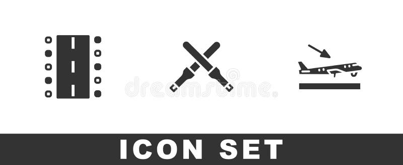 Set Airport Runway, Marshalling Wands and Plane Landing Icon. Vector ...