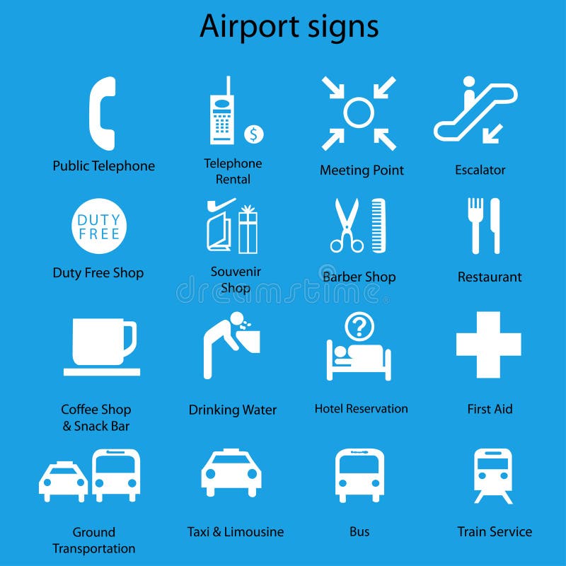 Set of Airport Signs and Symbols on Blue Stock Vector - Illustration of ...
