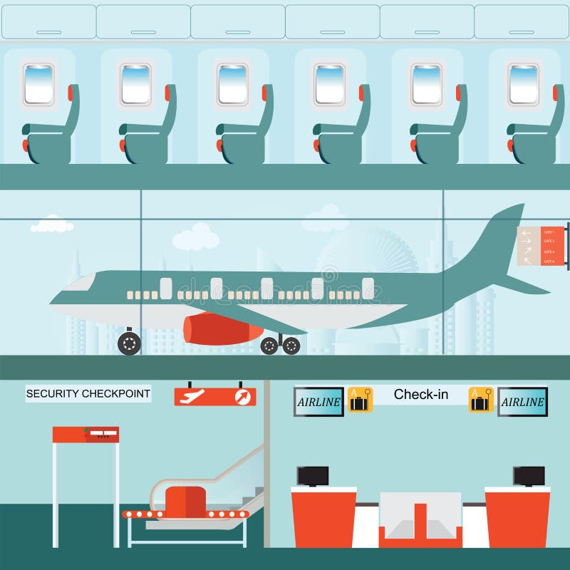 Set of Airport Terminal with Check in Counter and Security Check Stock ...