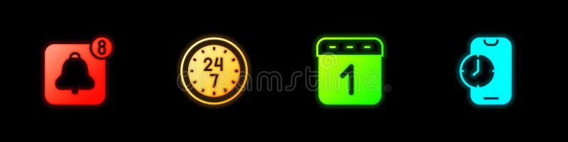 Set Alarm Clock App Mobile, Clock 24 Hours, Calendar and Icon. Vector ...