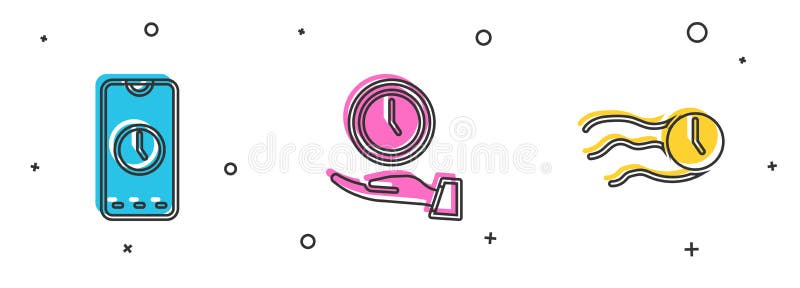 Set Alarm Clock App Mobile, Clock and Time Flies on the Icon. Vector ...