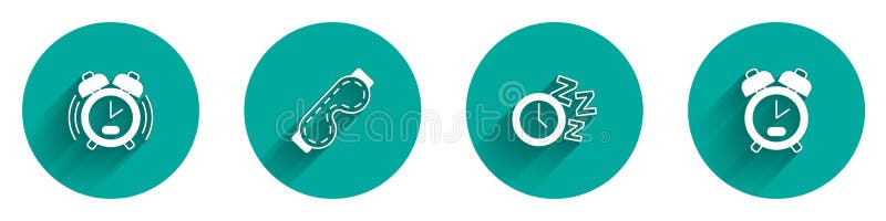 Set Alarm Clock, Eye Sleep Mask, and Icon with Long Shadow. Vector ...