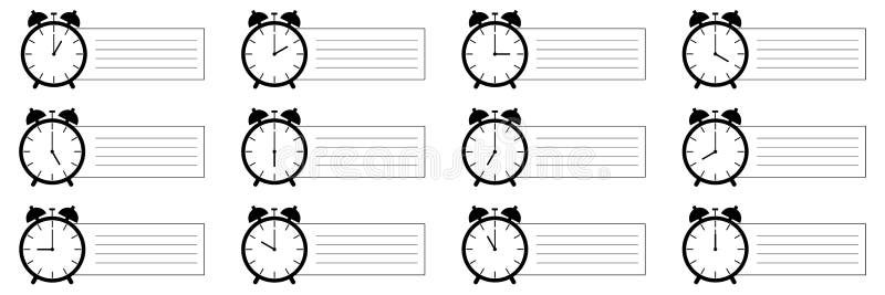 Set of Alarm Clock Icon Notifying Each Hour with Short Note Isolated on ...