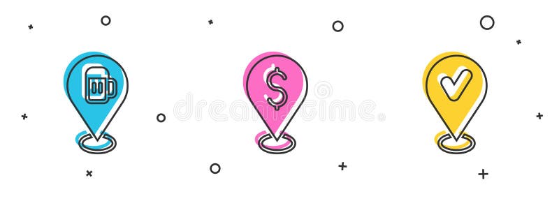 Set Alcohol or Beer Bar Location, Cash and Location with Check Mark ...