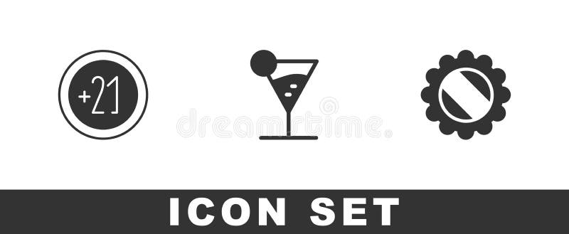 Set Alcohol 21 Plus, Martini Glass and Bottle Cap Icon. Vector Stock ...