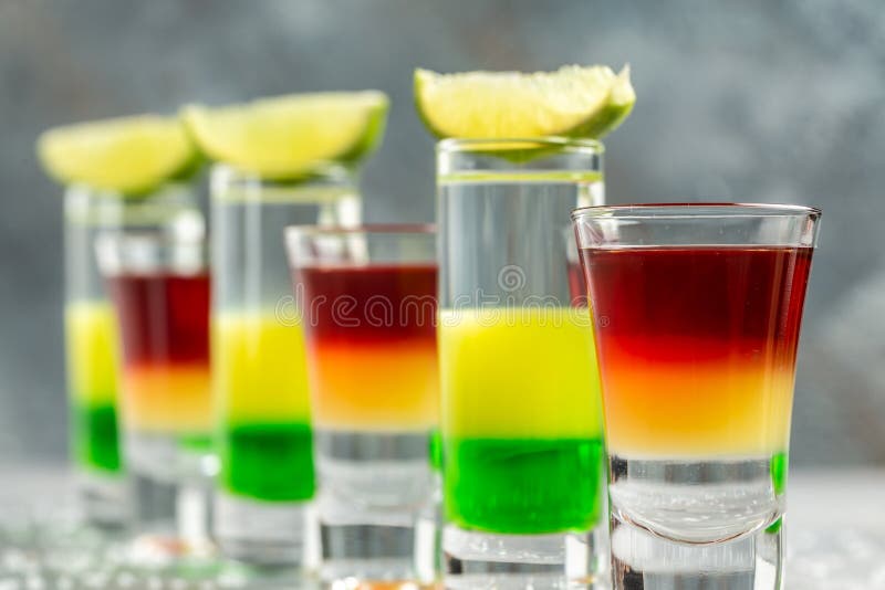 Set Alcohol Shot in Cocktail Glass. Layered Cocktail Shooter with Lime ...