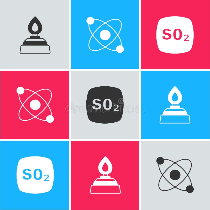 Set Alcohol or Spirit Burner, Atom and Sulfur Dioxide SO2 Icon. Vector ...