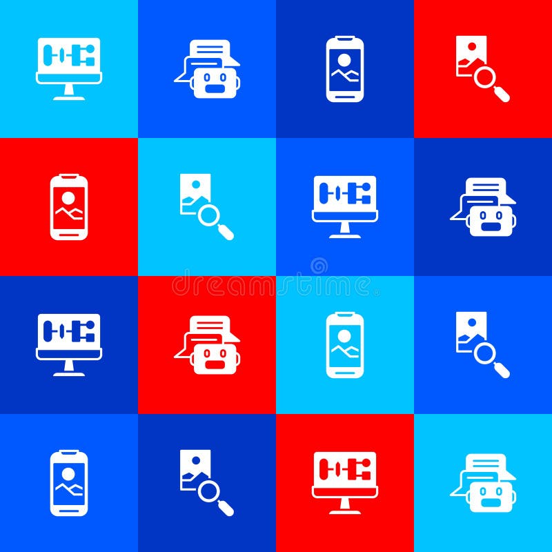 Set Algorithm, Chat Bot, Mobile Phone and Photo Retouching Icon. Vector ... Set Algorithm, Chat Bot, Mobile Phone and Photo Retouching Icon. Vector ...