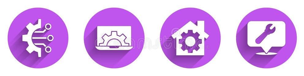 Set Algorithm, Laptop and Gear, House with Gear and Location with Wrench Spanner Icon with Long ...