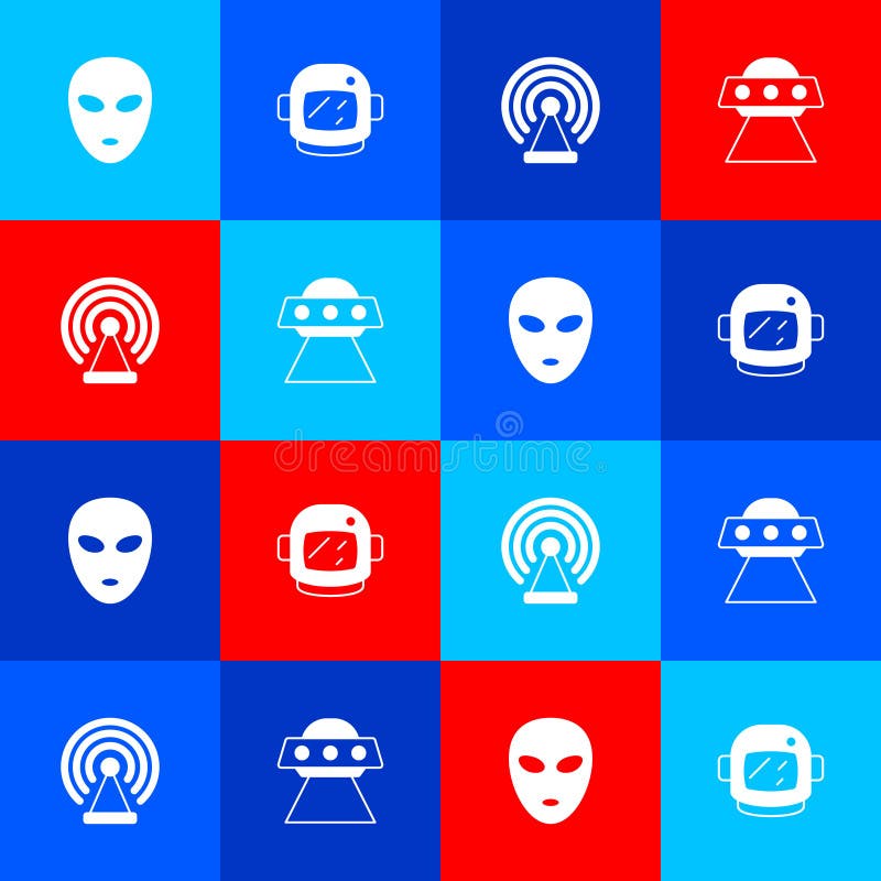Set Alien, Astronaut Helmet, Radar and UFO Flying Spaceship Icon ...