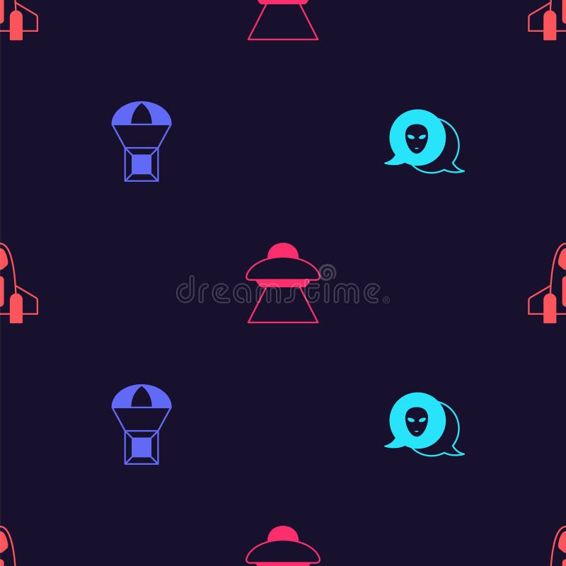 Set Alien, Box Flying on Parachute, UFO Spaceship and Rocket on ...