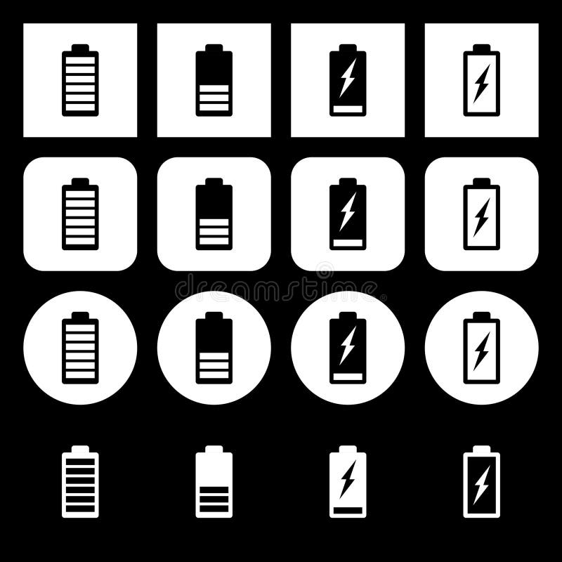 Set of Alkaline Battery Icons. Set of White Round and Square Icons on a ...