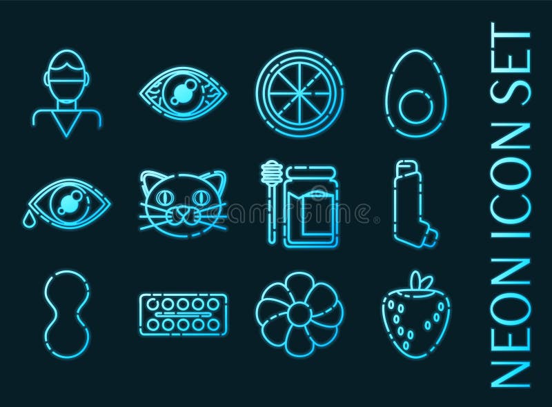 Set of Allergy Blue Glowing Neon Icons. Stock Vector - Illustration of ...