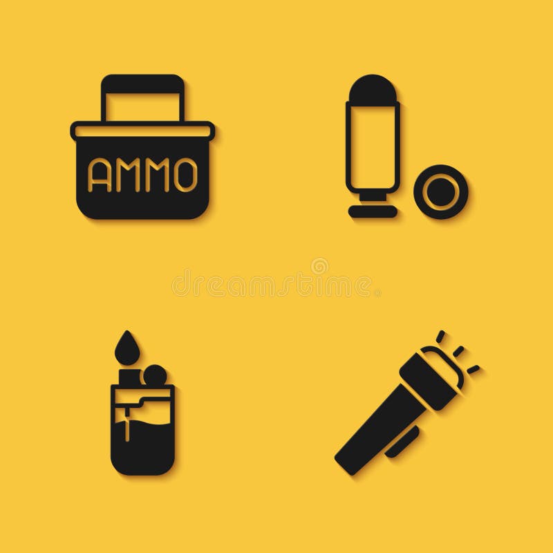 Set Ammunition Box, Flashlight, Lighter and Bullet Icon with Long ...