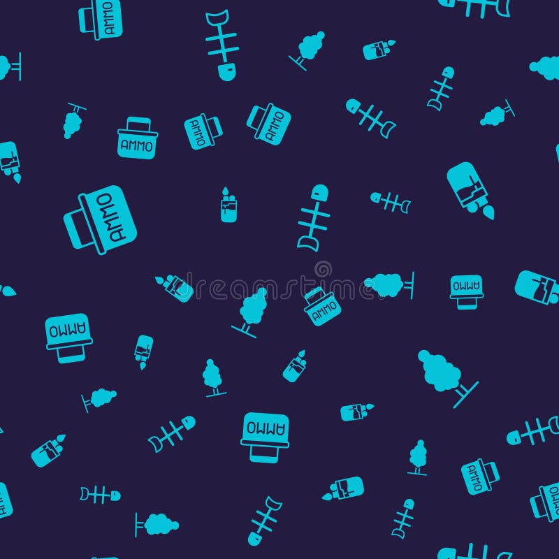 Set Ammunition Box, Lighter, Dead Fish and Tree on Seamless Pattern ...