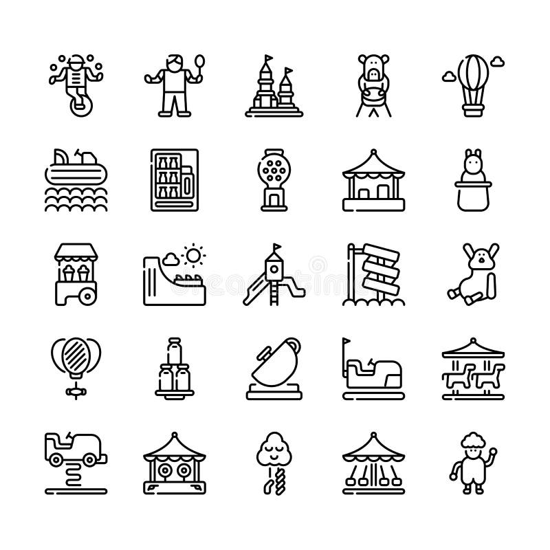 Set of Amusement Park Playground Outline Style Icon and Illustration ...