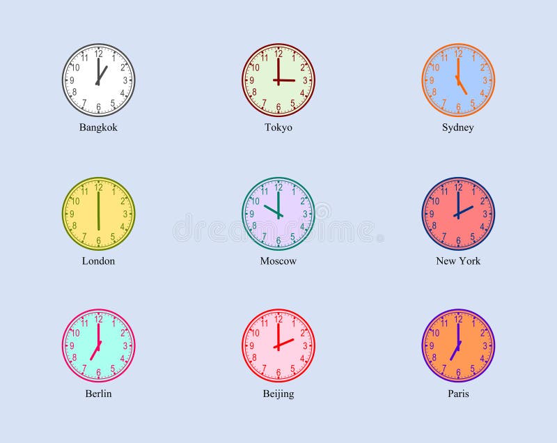 Set of Analog Clocks World Zone Time Stock Vector - Illustration of ...