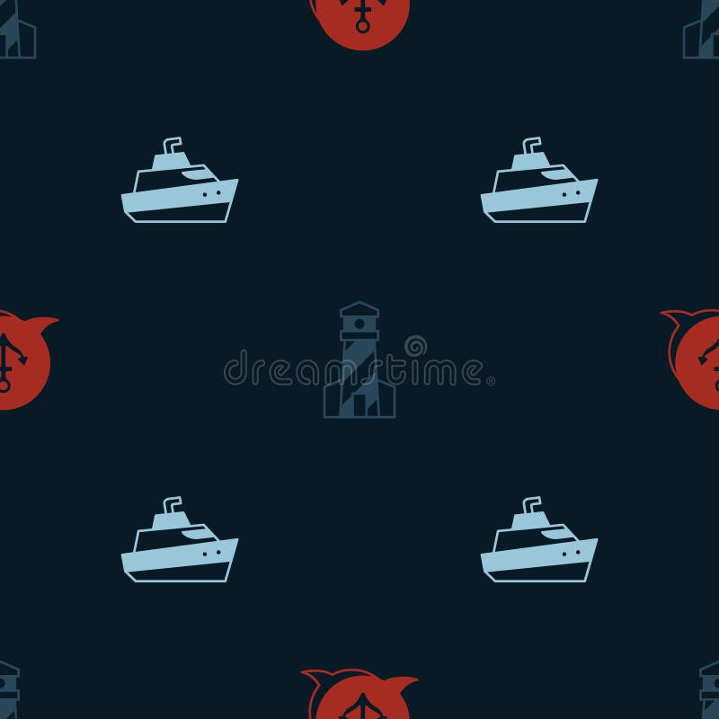 Set Anchor, Lighthouse and Speedboat on Seamless Pattern. Vector Stock ...