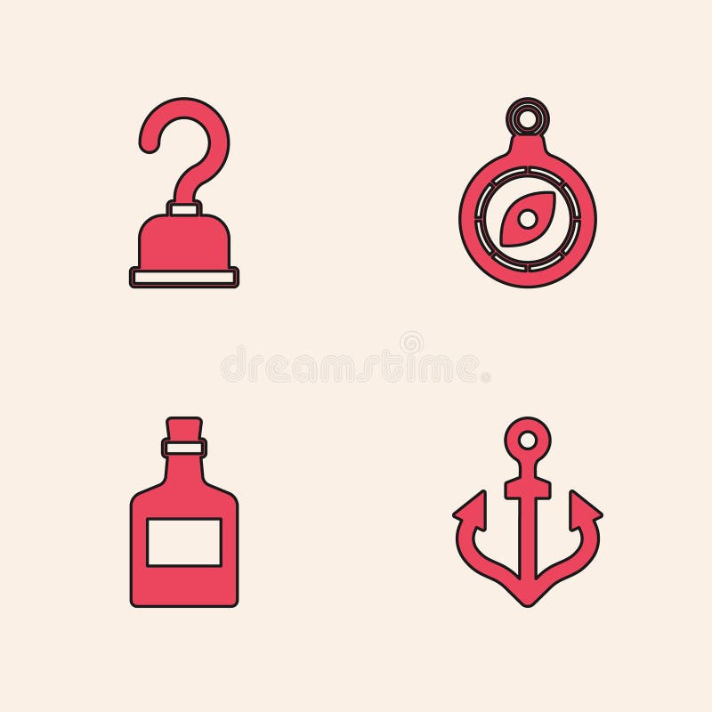 Set Anchor, Pirate Hook, Compass and Alcohol Drink Rum Icon. Vector ...